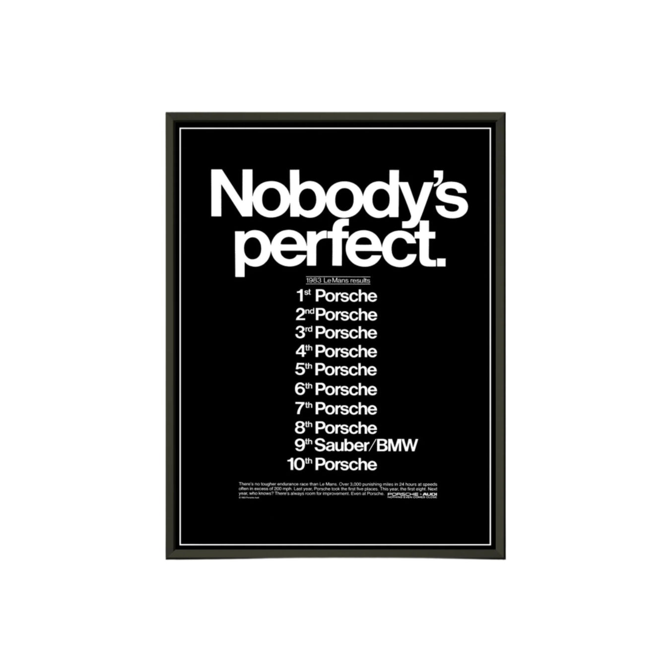 Porsche 'Nobody's Perfect' Poster Ad black – PETROLHEADVINTAGE